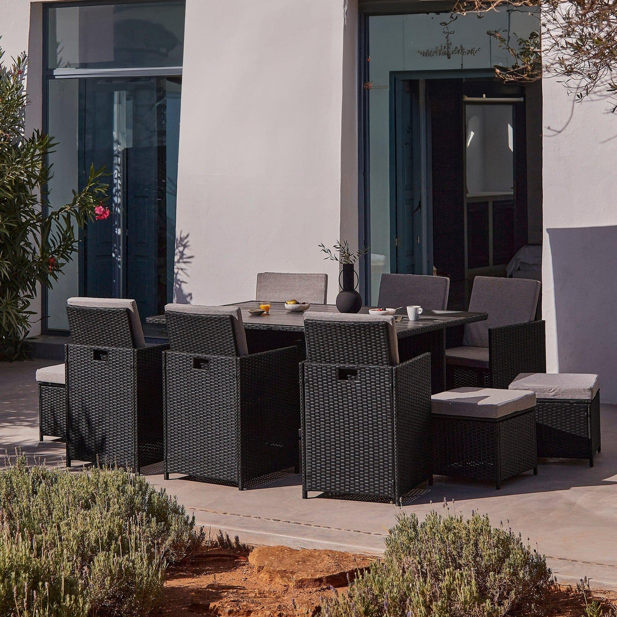 10 Seater Rattan Cube Garden Set - Black Weave Polywood Top - Laura James
