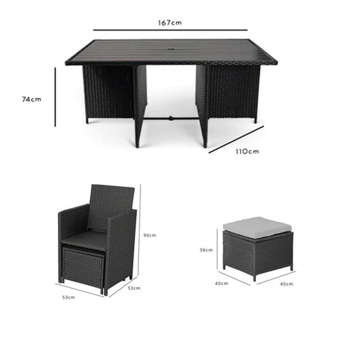 10 Seat Black Rattan Cube Dining Set with Cream Parasol - Laura James