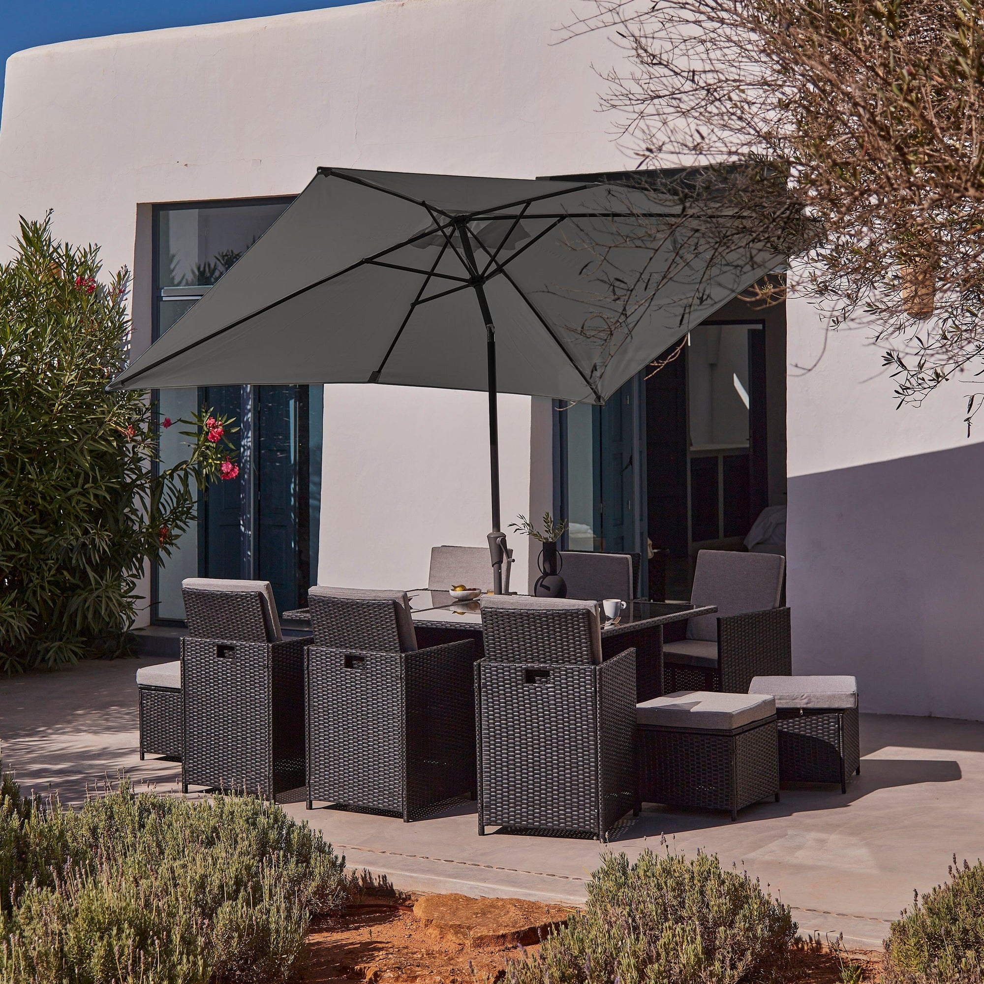 10 Seater Black Rattan Cube Garden Set with Grey Parasol - Laura James