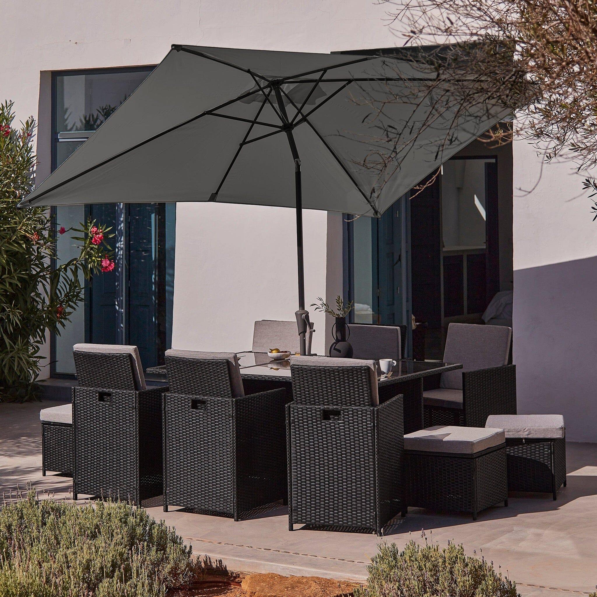 10 Seater Black Rattan Cube Garden Set with Grey Parasol - Laura James