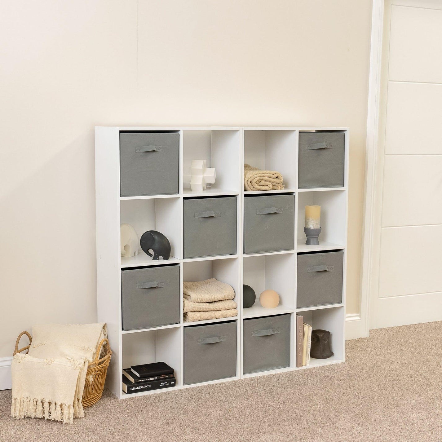 Cara 16 Cube Storage Unit - Chalk White - Two 8x2 Units - Grey Basket ...