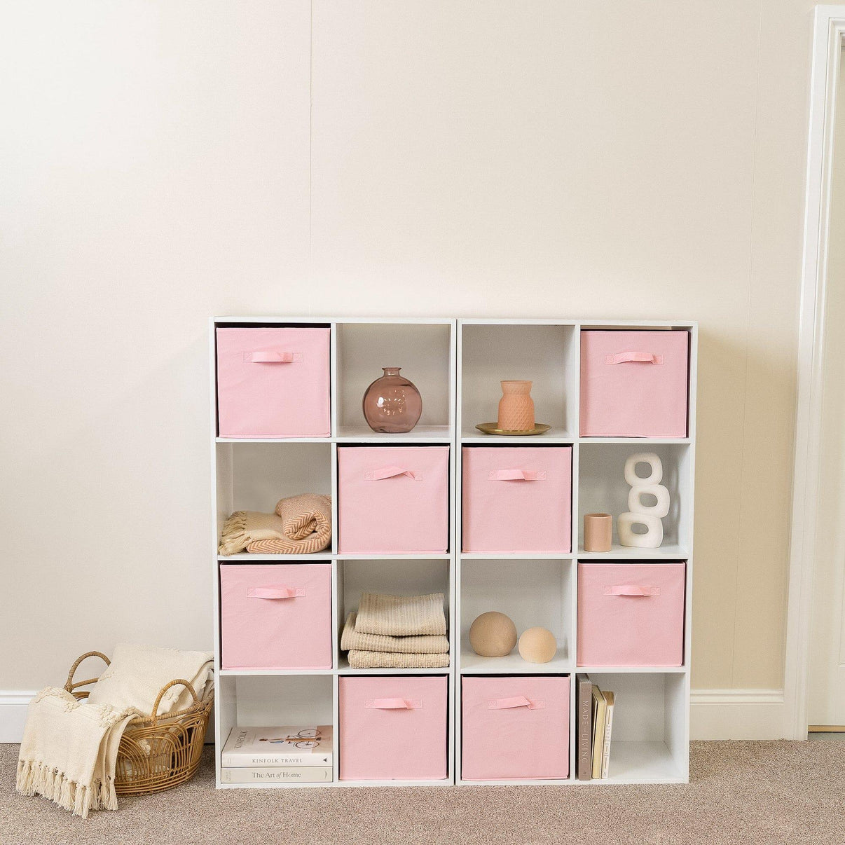Cara 16 Cube Storage Unit - Chalk White - Two 8x2 Units - Pink Basket ...