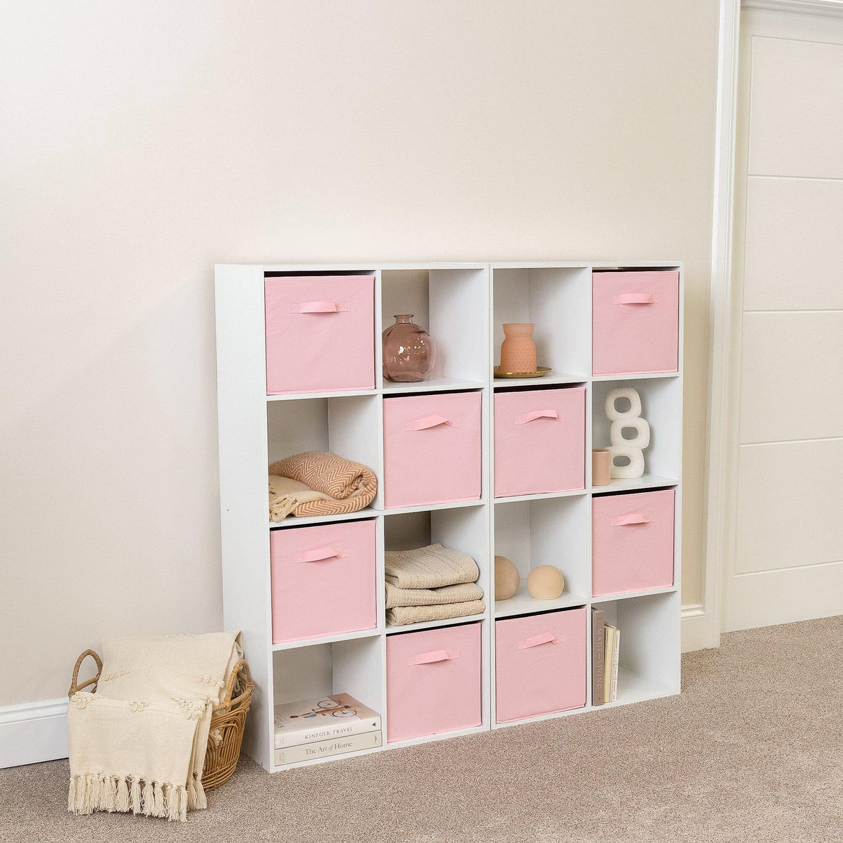 Cara 16 Cube Storage Unit - Chalk White - Two 8x2 Units - Pink Basket ...