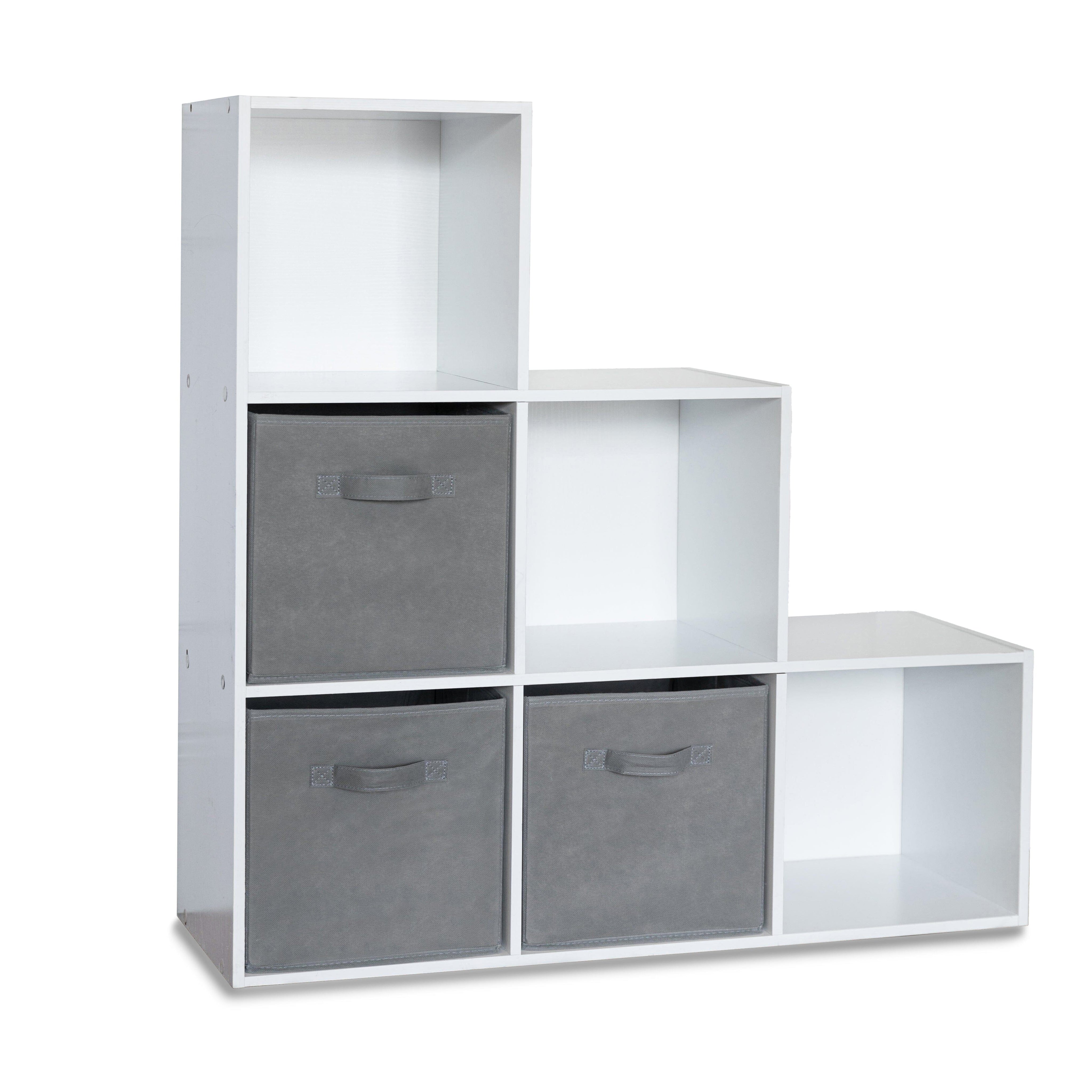 6 Cube Bookcase Ladder Storage Unit - Chalk White with Grey Boxes ...