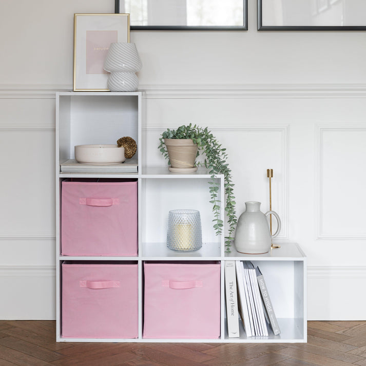 Cara 6 Cube Bookcase Ladder Storage Unit - Chalk White with Pink Boxes ...