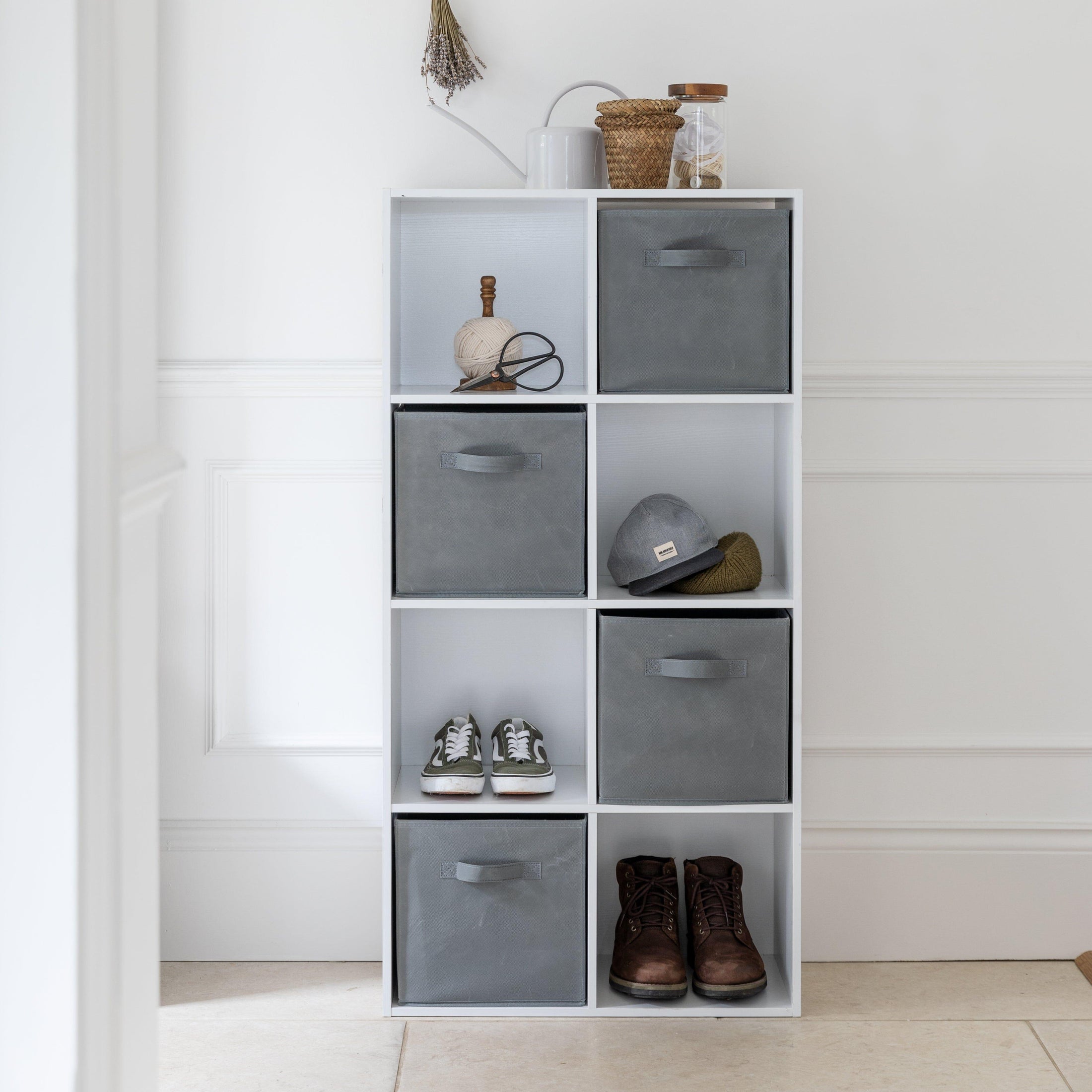 8 Cube Storage Unit in Chalk White & 4 Grey Handled Box Drawers – Laura ...