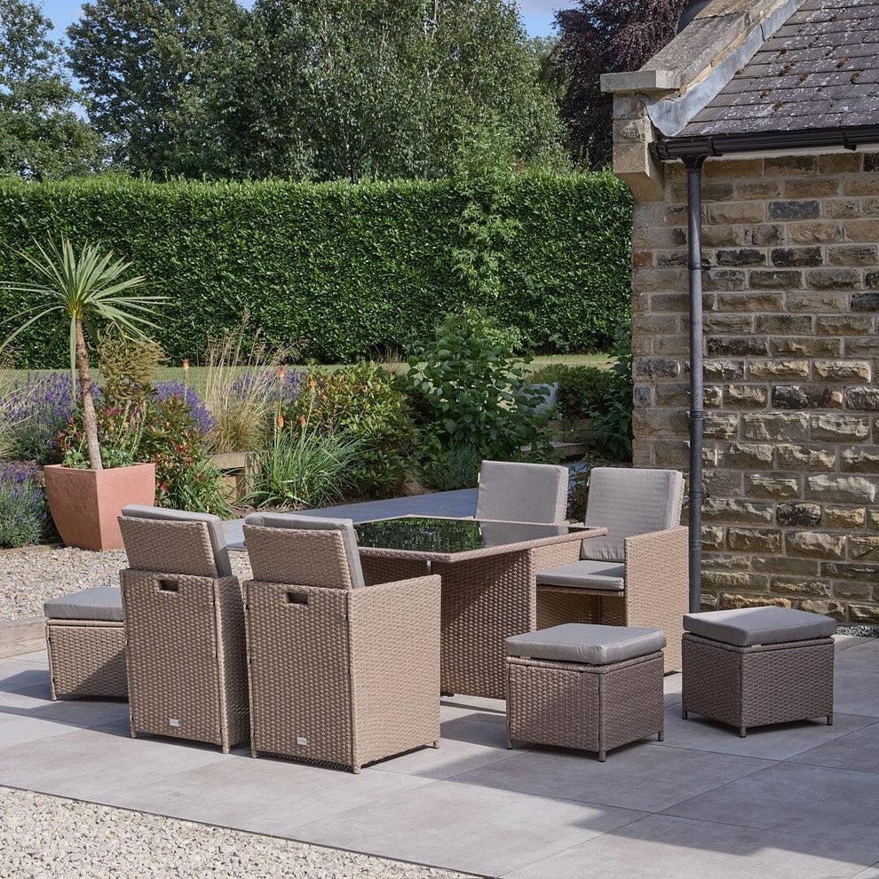 8 Seater Rattan Cube Outdoor Dining Set with Cream Parasol - Natural B ...