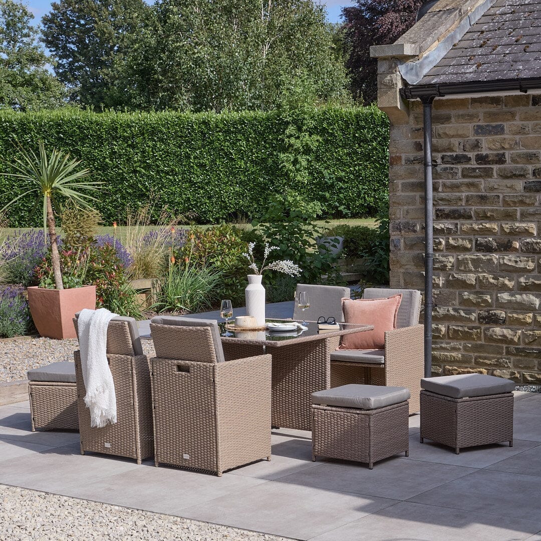 Cube 8 Seater Natural Rattan Glass Top Garden Dining Set & Grey LED ...
