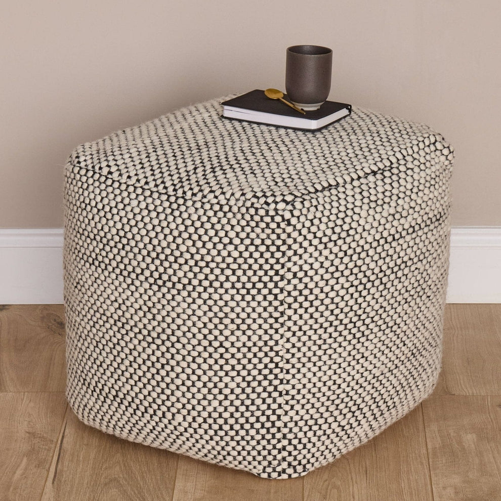 Atcham Black/Natural Wool and Cotton Ottoman Stool - Laura James