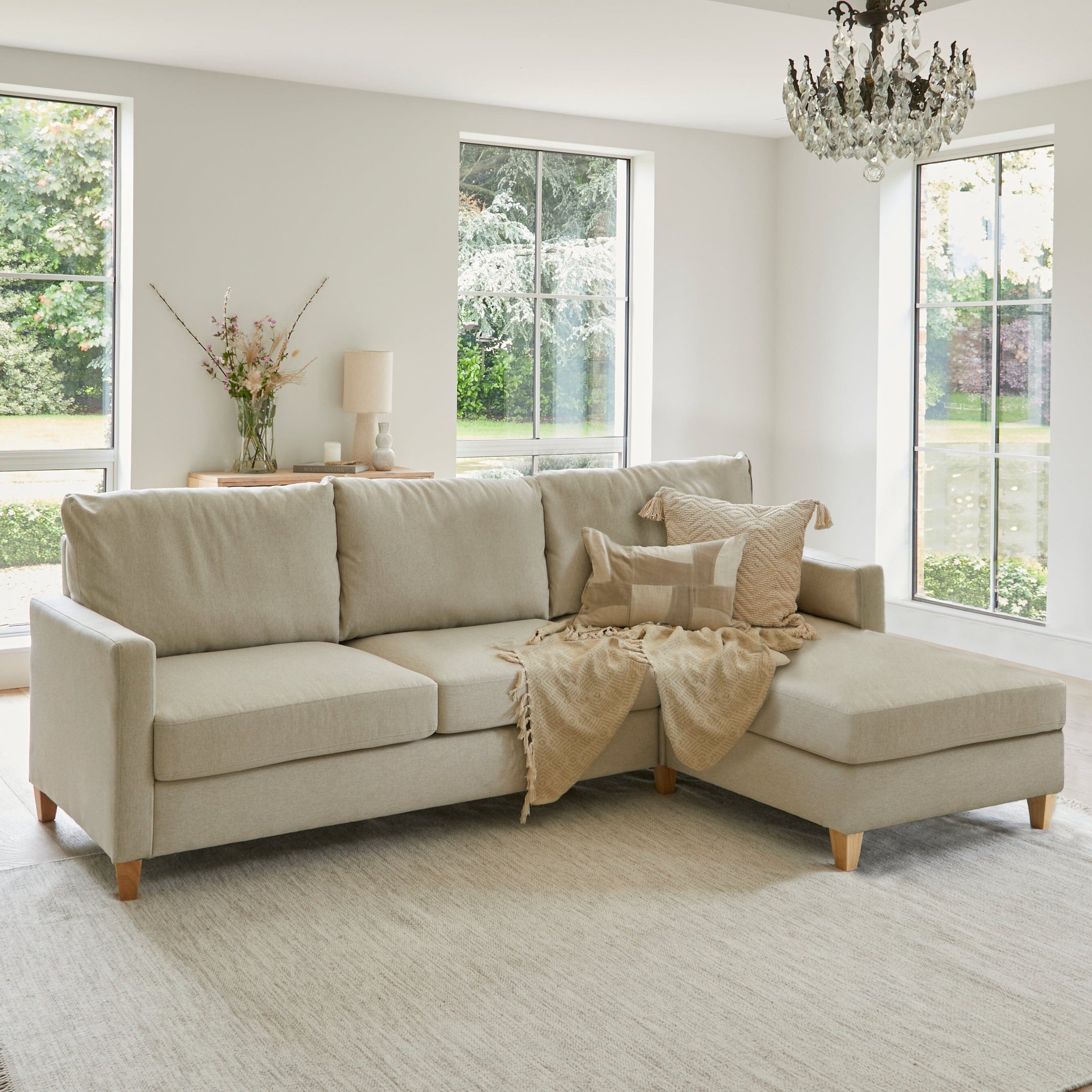 Ava Right Chaise Corner Sofa - Sand with Pale Oak Legs - Laura James