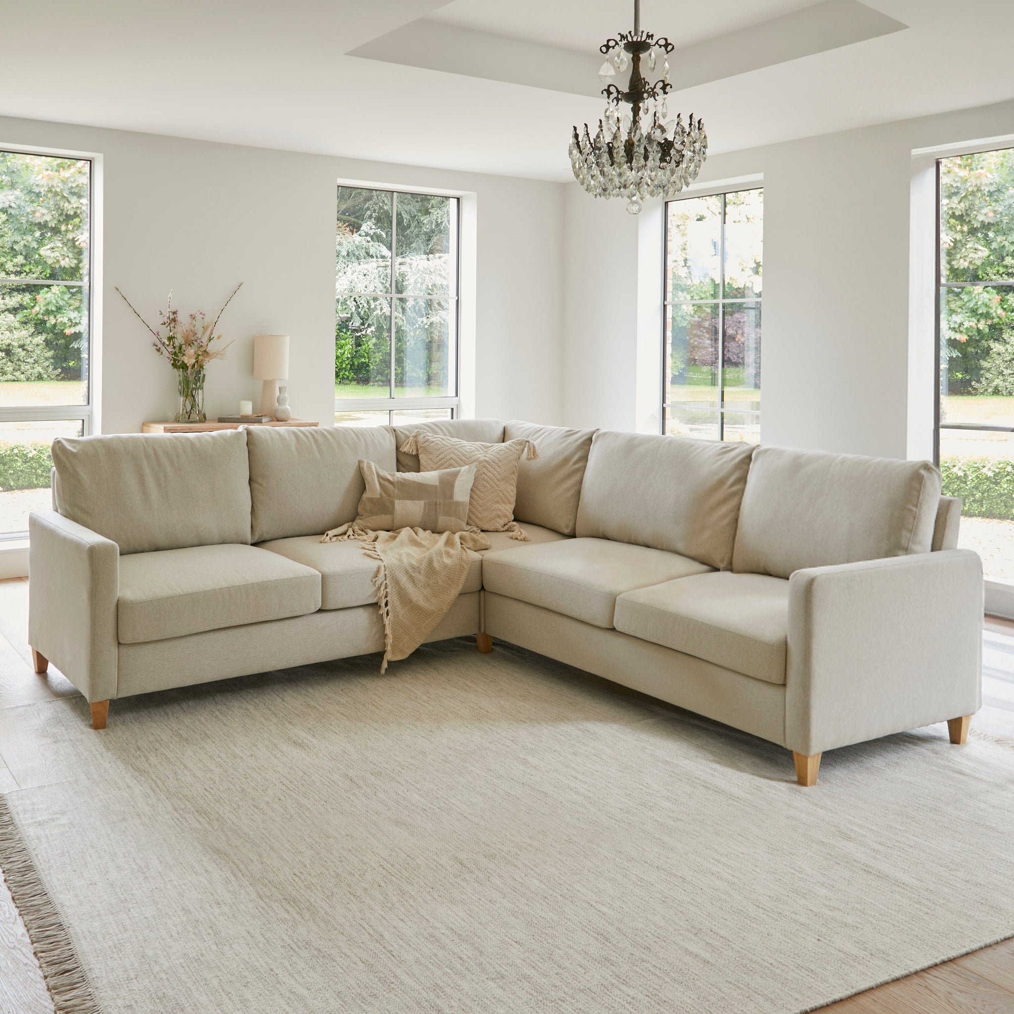 Ava Sand Corner Sofa with Pale Oak Legs - Laura James