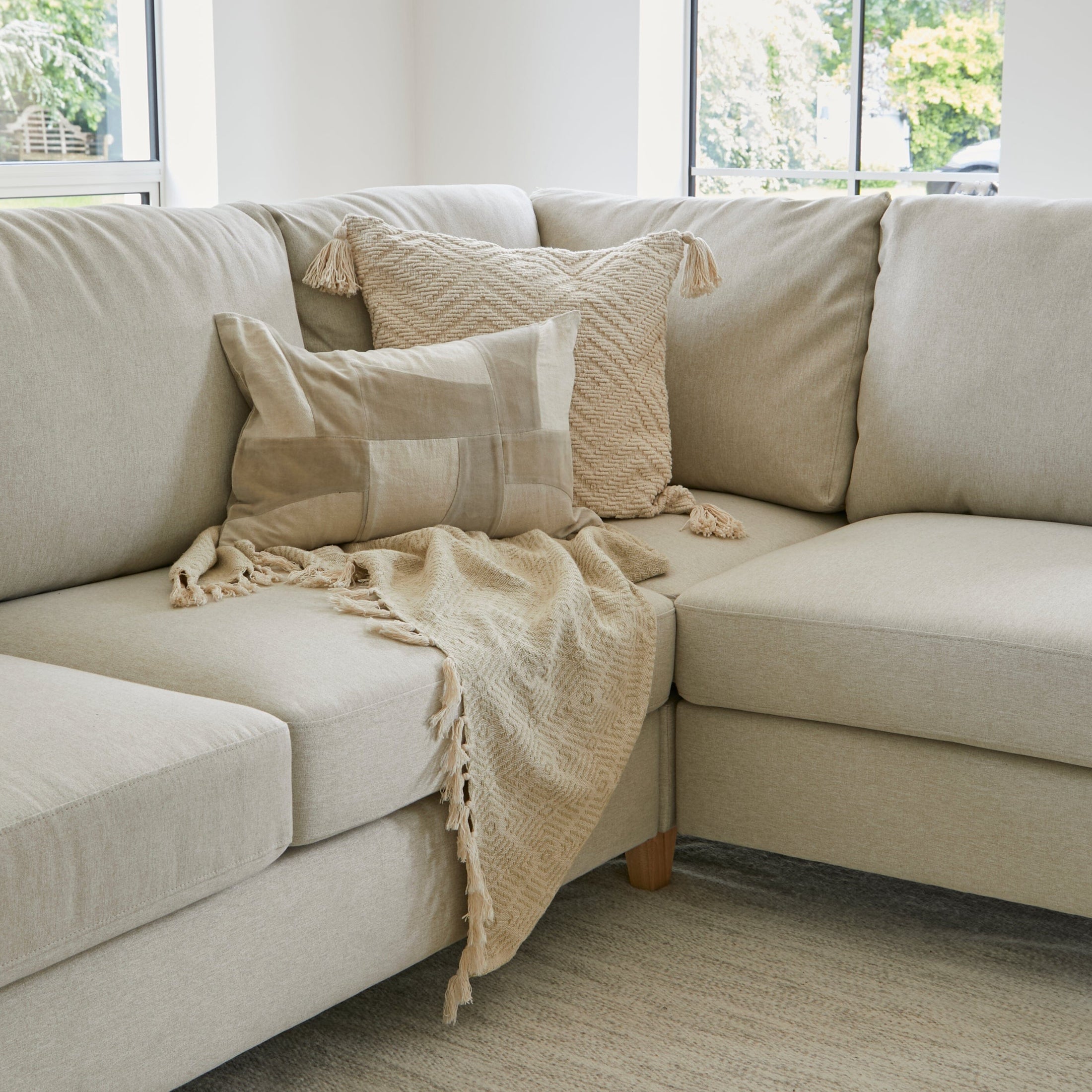 Ava Sand Corner Sofa with Pale Oak Legs - Laura James