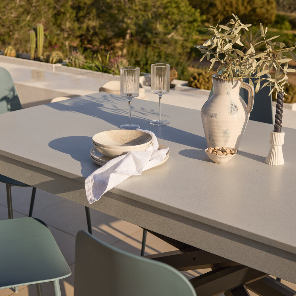 Amelia 6 Seater Pale Grey Concrete Garden Dining Set with Wren Blue Ch ...