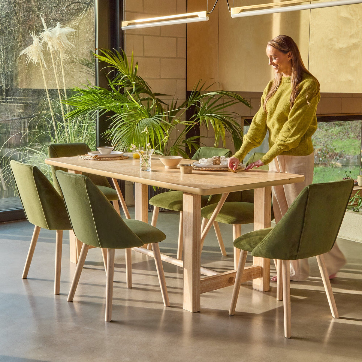 Carter Whitewash Rectangular Dining Table with 6 Freya Fern Green Dini ...