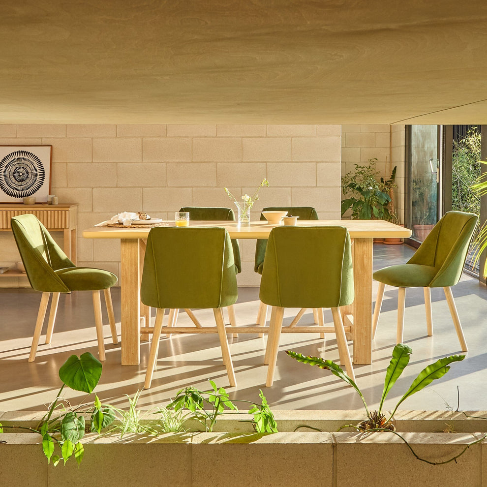 Carter Whitewash Rectangular Dining Table with 6 Freya Fern Green Dini ...