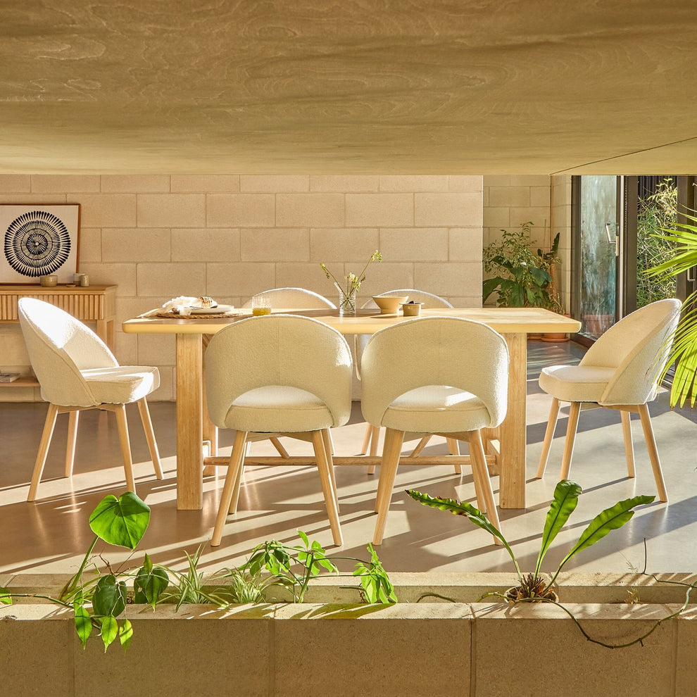 Carter Whitewash Rectangular Dining Table with 6 Marilyn Boucle Dining ...