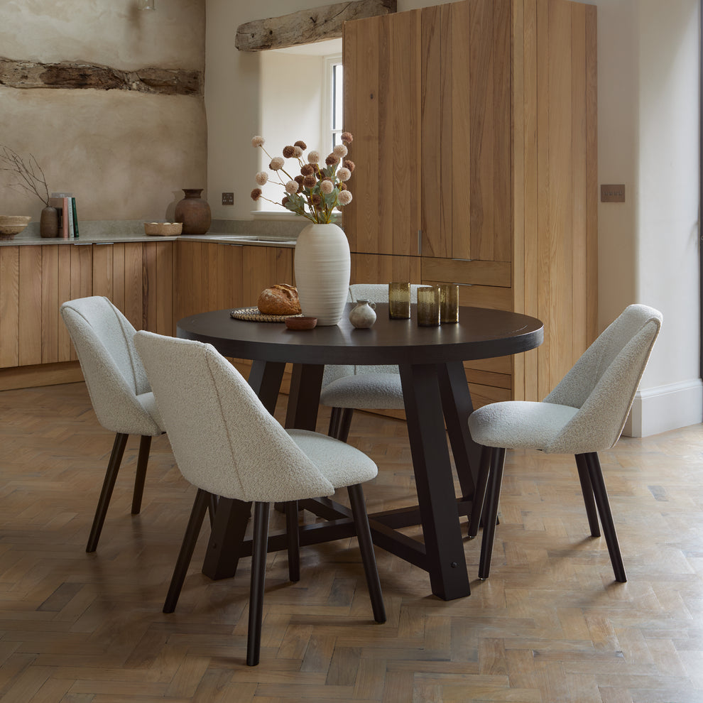 Charlotte Black Oak Round Dining Table Set - 4 Seater - Freya Oat Bouc ...