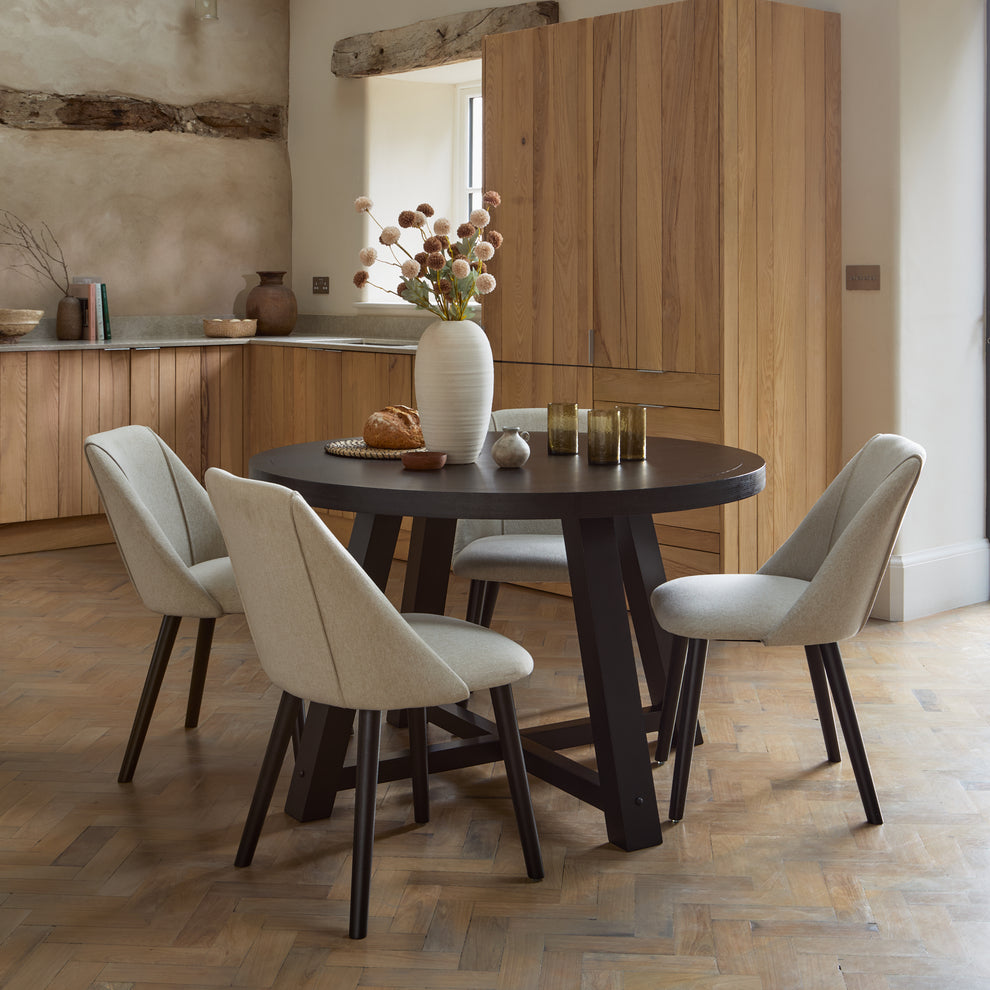 Charlotte Black Oak Round Dining Table Set - 4 Seater - Freya Sand Din ...