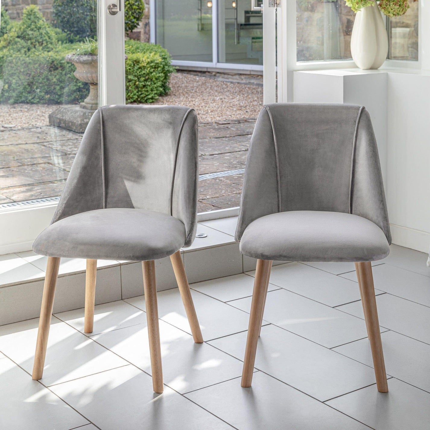 Amelia Whitewash Dining Tablet Set - Grey Velvet Chairs - Laura James
