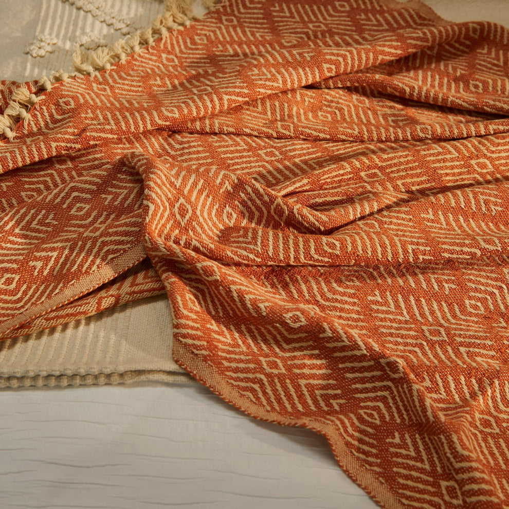 Elborough Burnt Orange Diamond Pattern Cotton Throw - Laura James