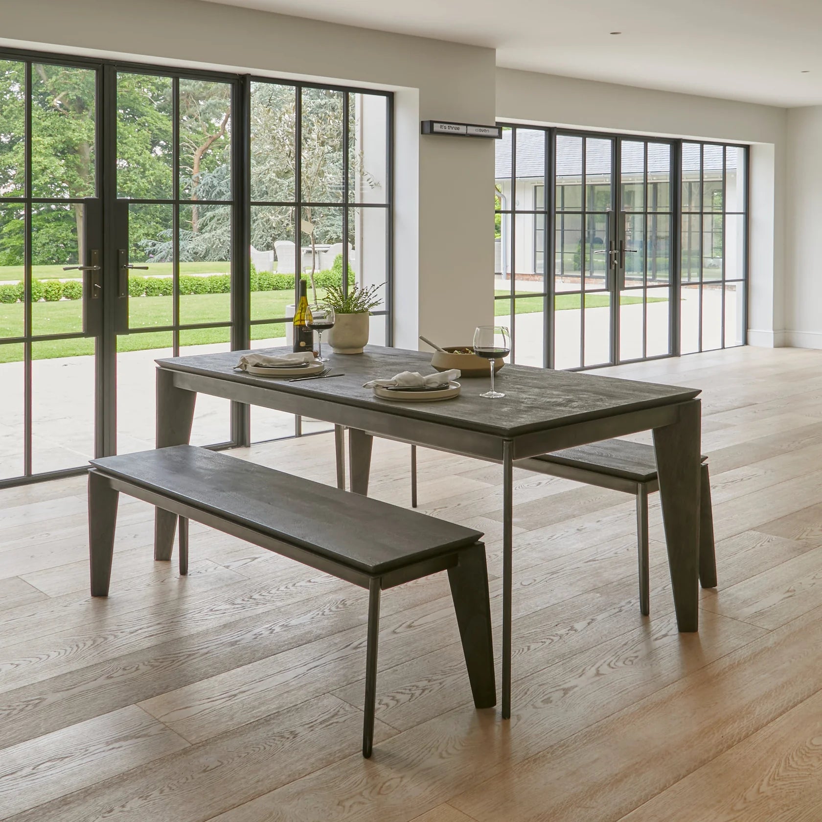 Ethan Mango Wood Rectangular Dining Table with 2 Ethan Dining Benches Ash Grey