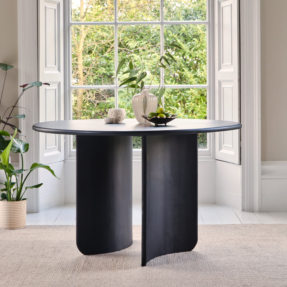 Imogen 120cm Jet Black Mango Wood Round Dining Table Set - 4 Seater ...
