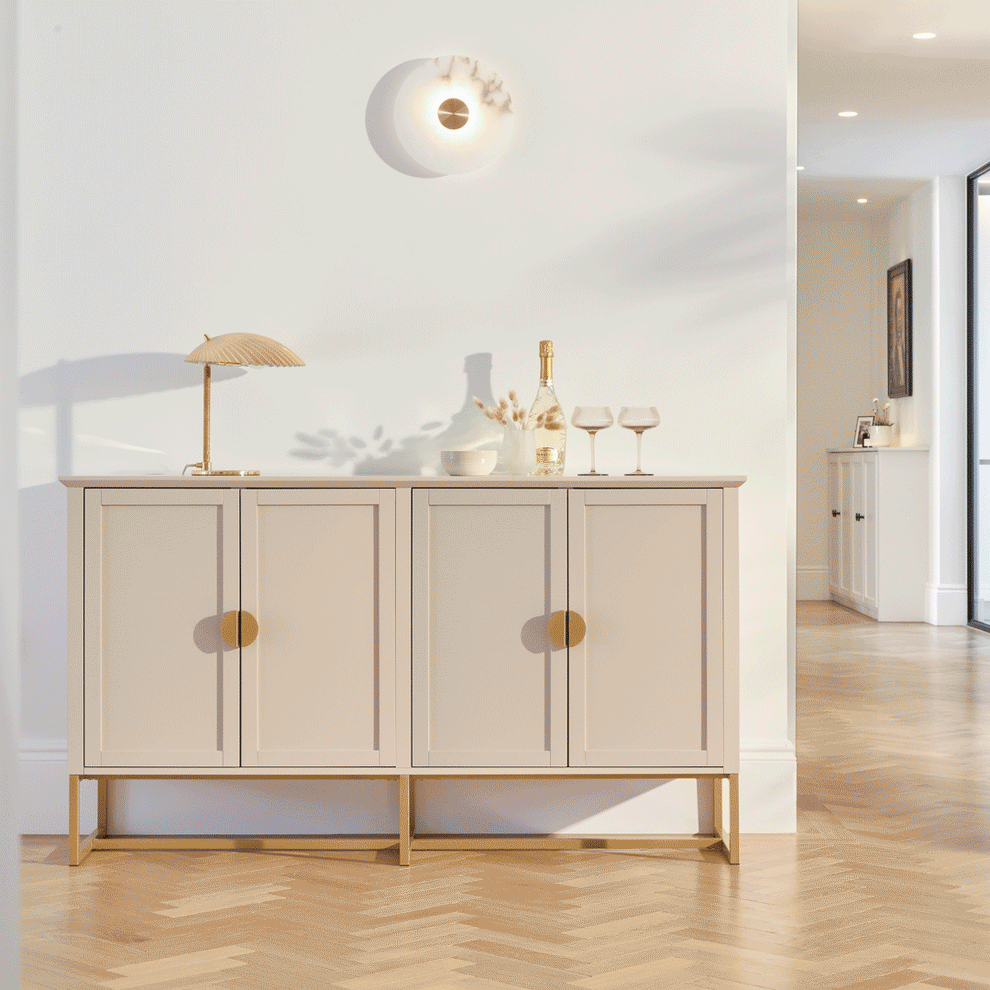 Ines 4 Door Large Sideboard in Taupe with Gold Legs – Laura James