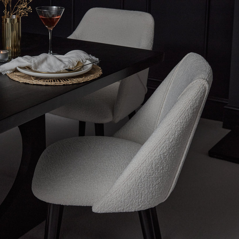 Jade 6 Seater Rectangular Jet Black Acacia Wood Dining Table with Freya Boucle Dining Chairs ...