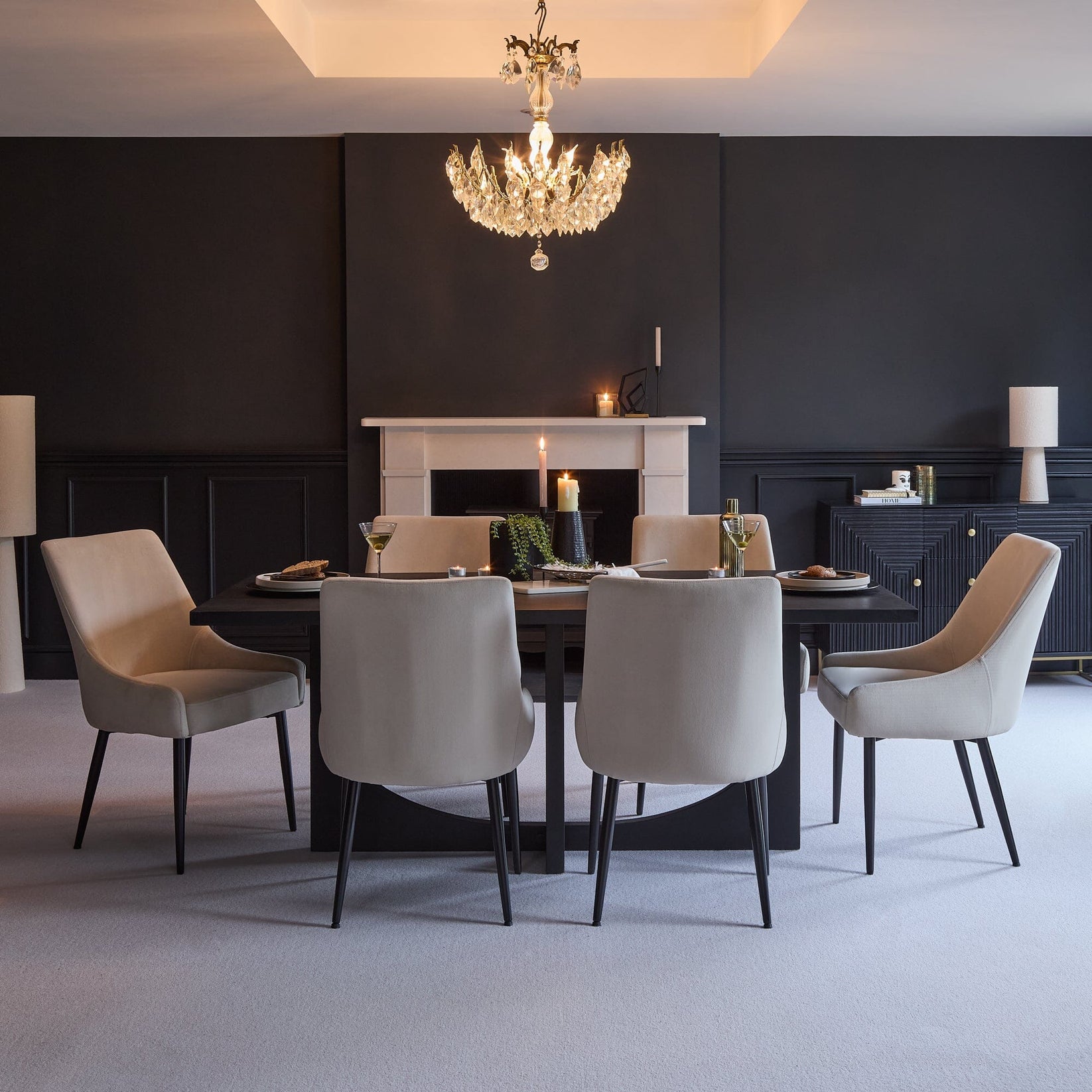 Jade 6 Seater Rectangular Jet Black Acacia Wood Dining Table with Maeve Soft Beige Dining Chairs ...