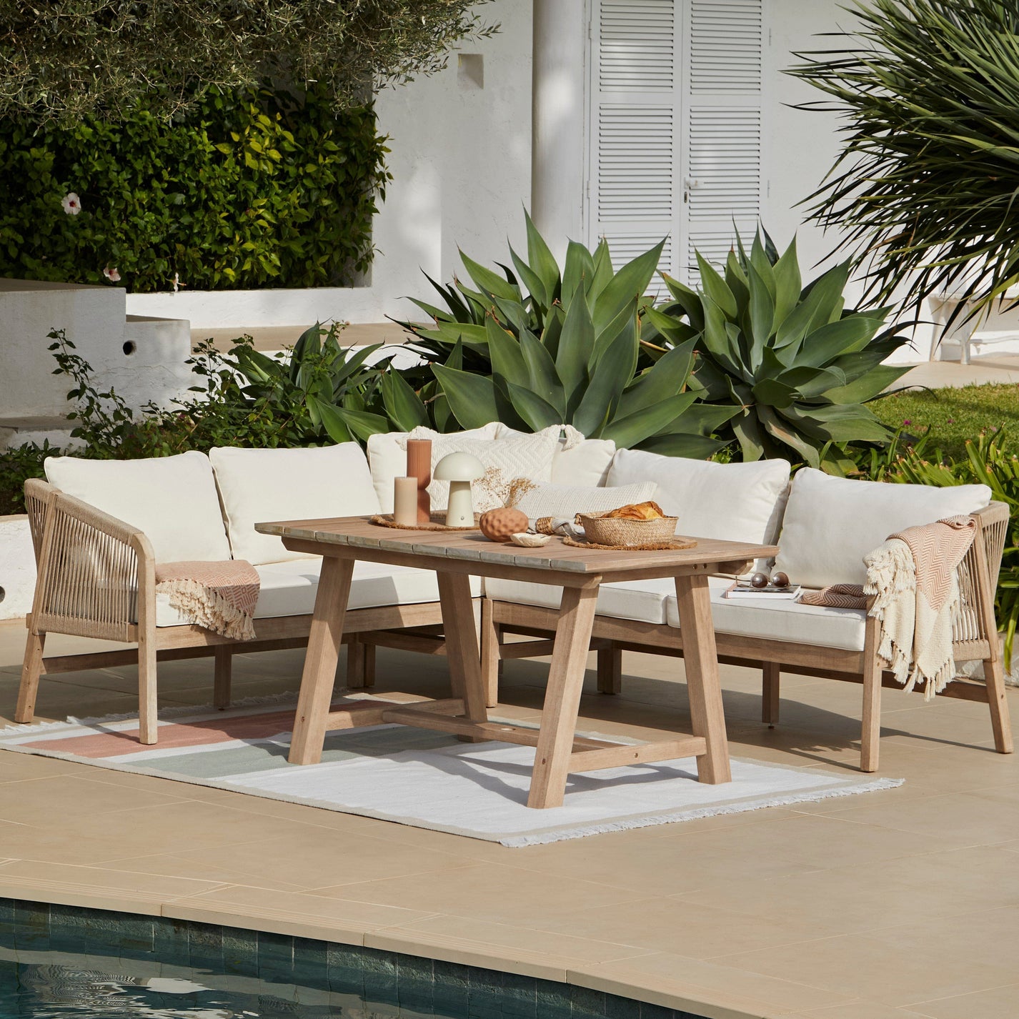 Shiro Wooden Garden Corner Dining Sofa Set with 2 Nala Sand Cushioned – Laura James