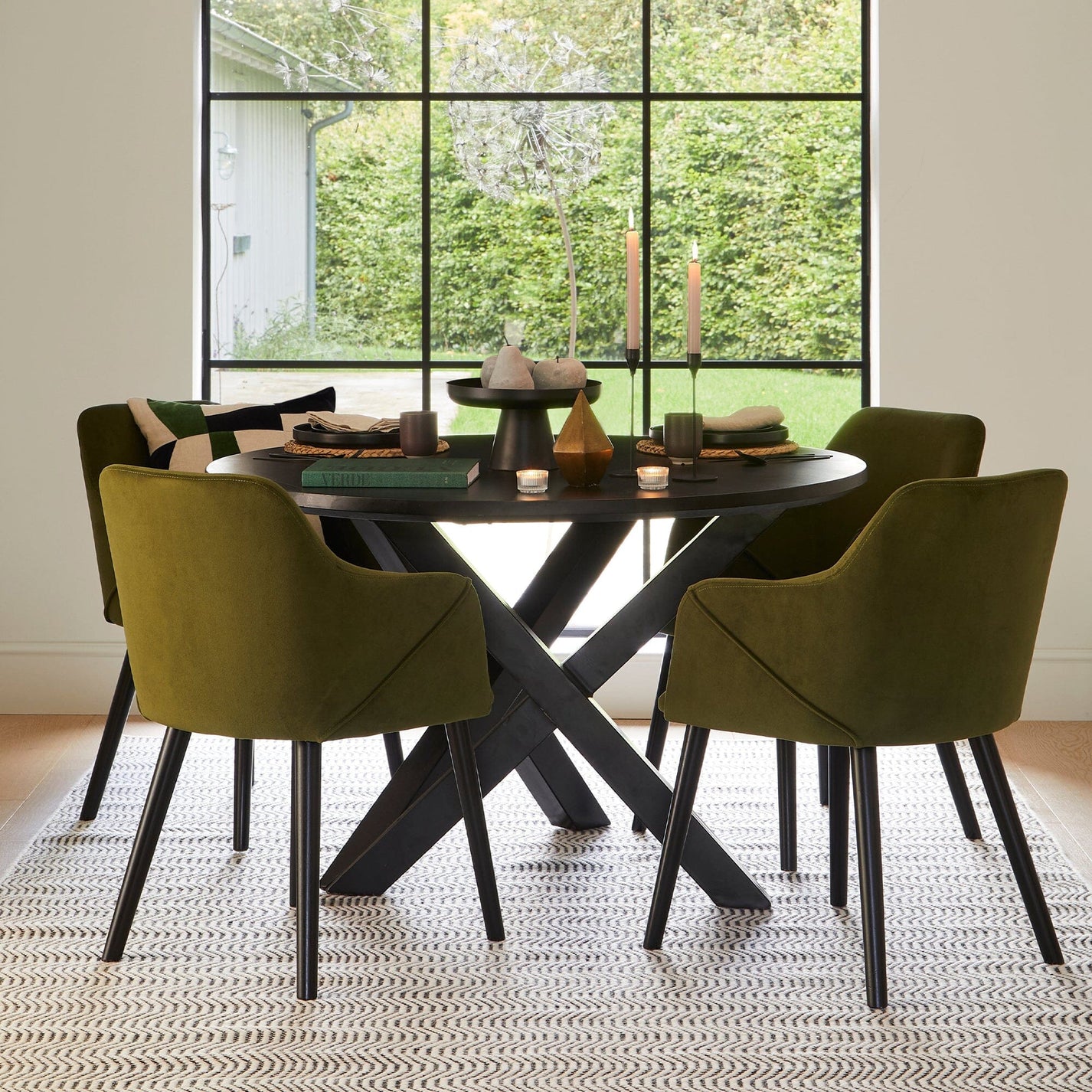 Levi Black Round Dining Table Set - 4 Seater - Freya Fern Green ...