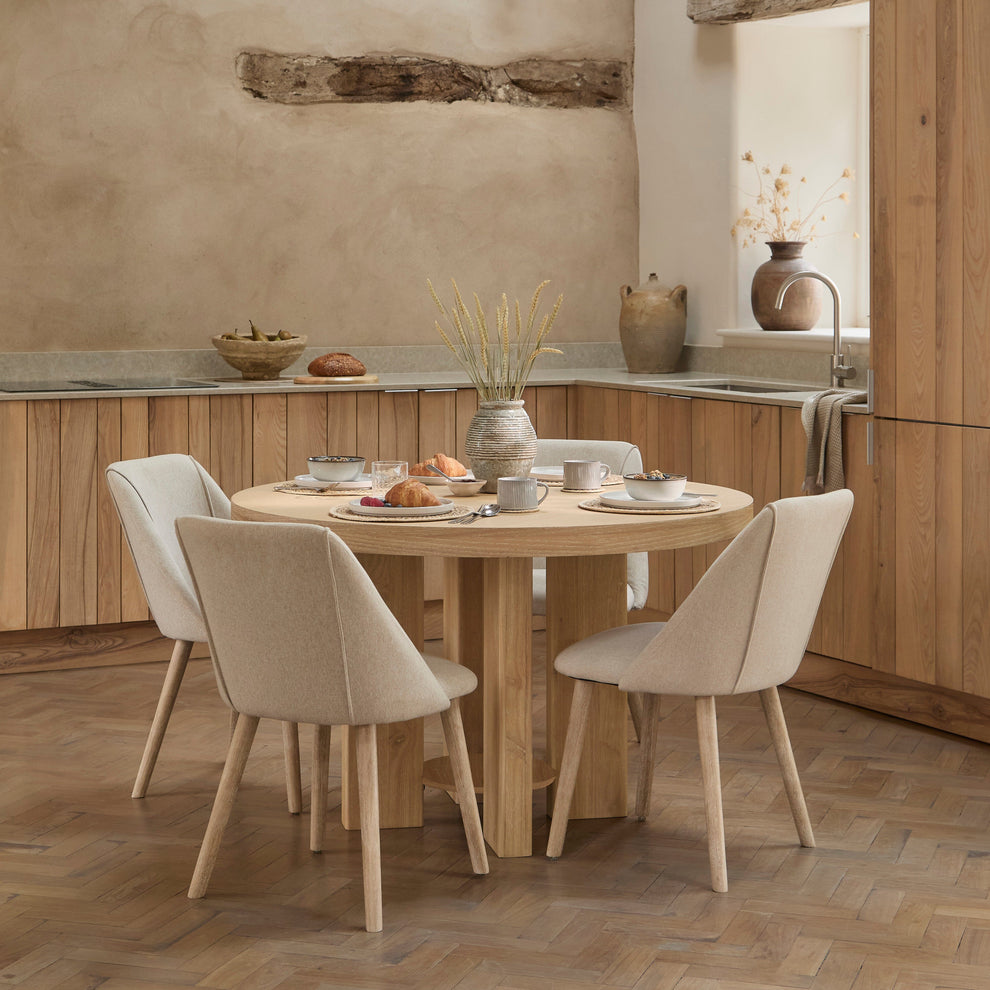 Marlon Whitewash Oak Round Dining Table Set - 4 Seater - Freya Sand Di ...