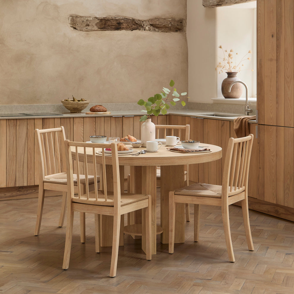 Marlon Whitewash Oak Round Dining Table Set - 4 Seater - Tilly Woven D ...