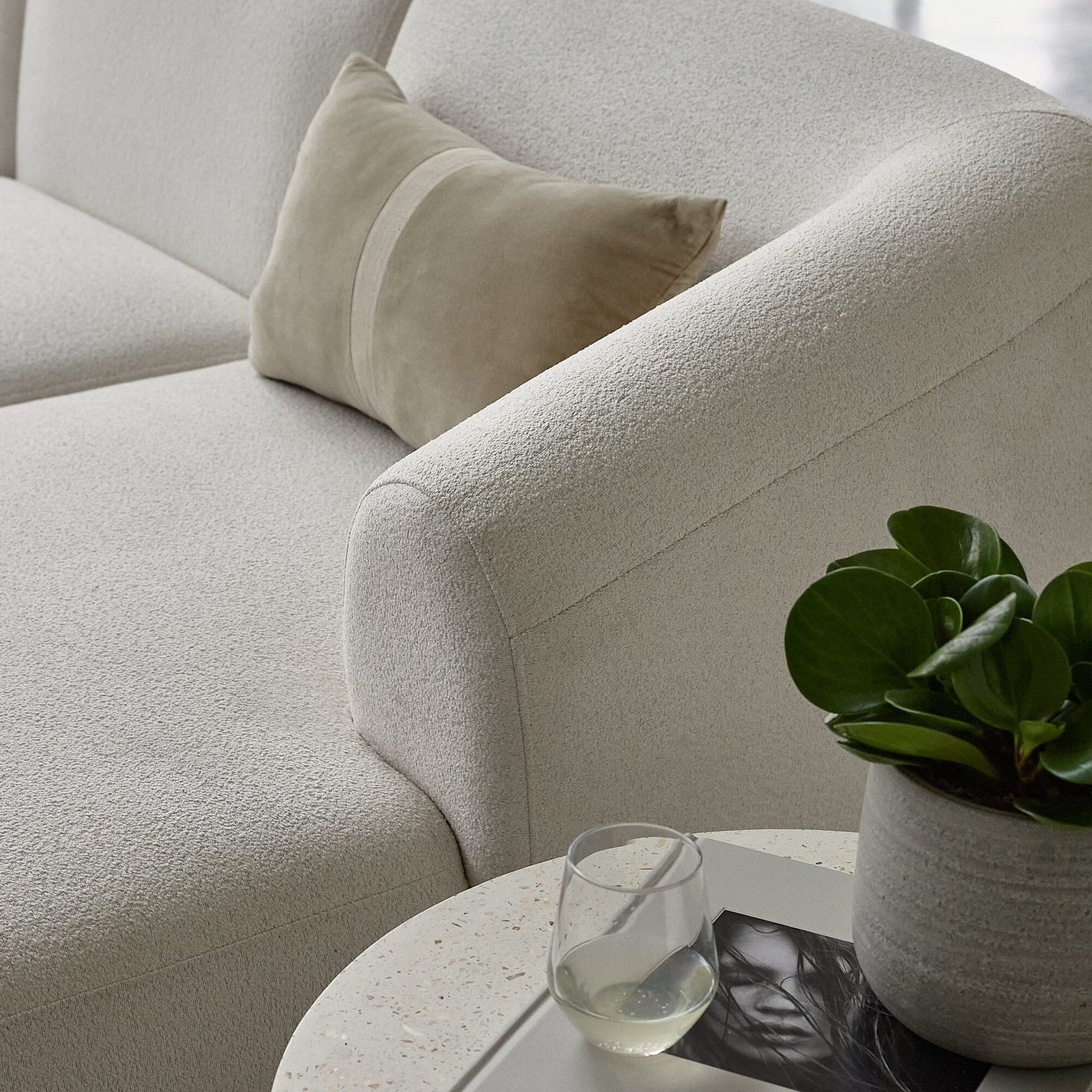 Nathalia Chaise Corner Sofa & Round Footstool Set - Chalk White Boucle – Laura James