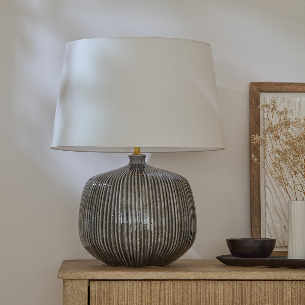 Tongham Dark Grey Ceramic Table Lamp & Coningsby Snow White Cotton Lam ...