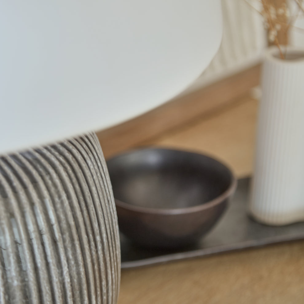 Tongham Dark Grey Ceramic Table Lamp & Coningsby Snow White Cotton Lam ...