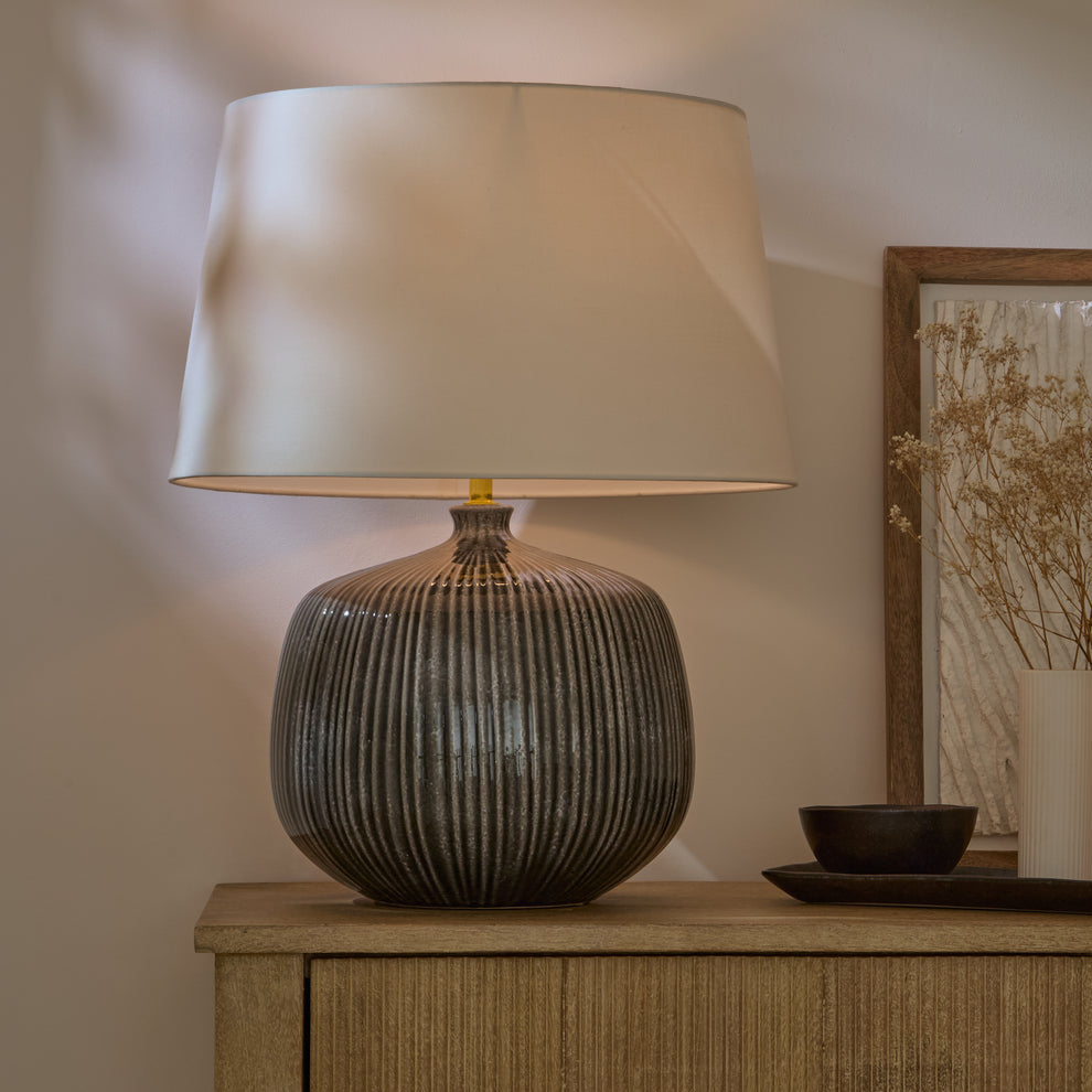 Tongham Dark Grey Ceramic Table Lamp & Coningsby Snow White Cotton Lam ...