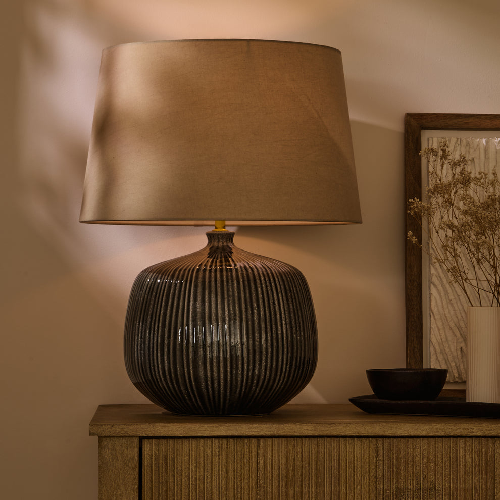 Tongham Dark Grey Ceramic Table Lamp & Coningsby Taupe Cotton Lampshad ...