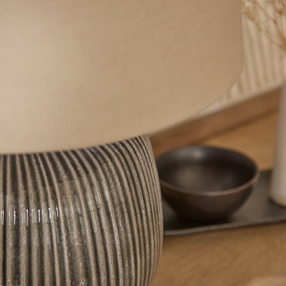 Tongham Dark Grey Ceramic Table Lamp & Coningsby Taupe Cotton Lampshad ...