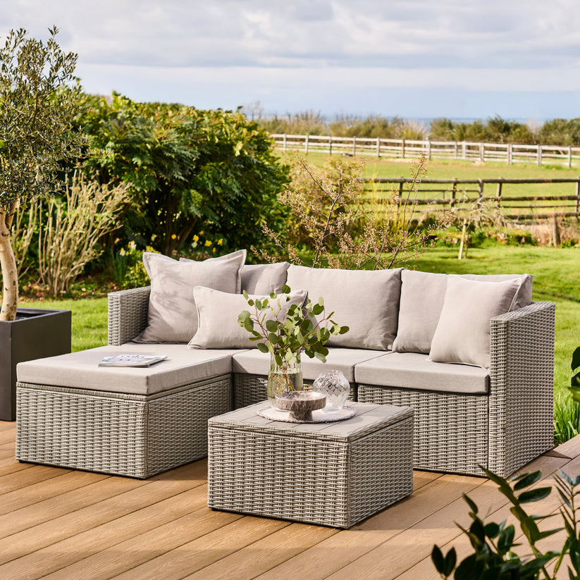 Weston 4 Seater Rattan Garden Corner Sofa Set - Light Grey with Stone ...