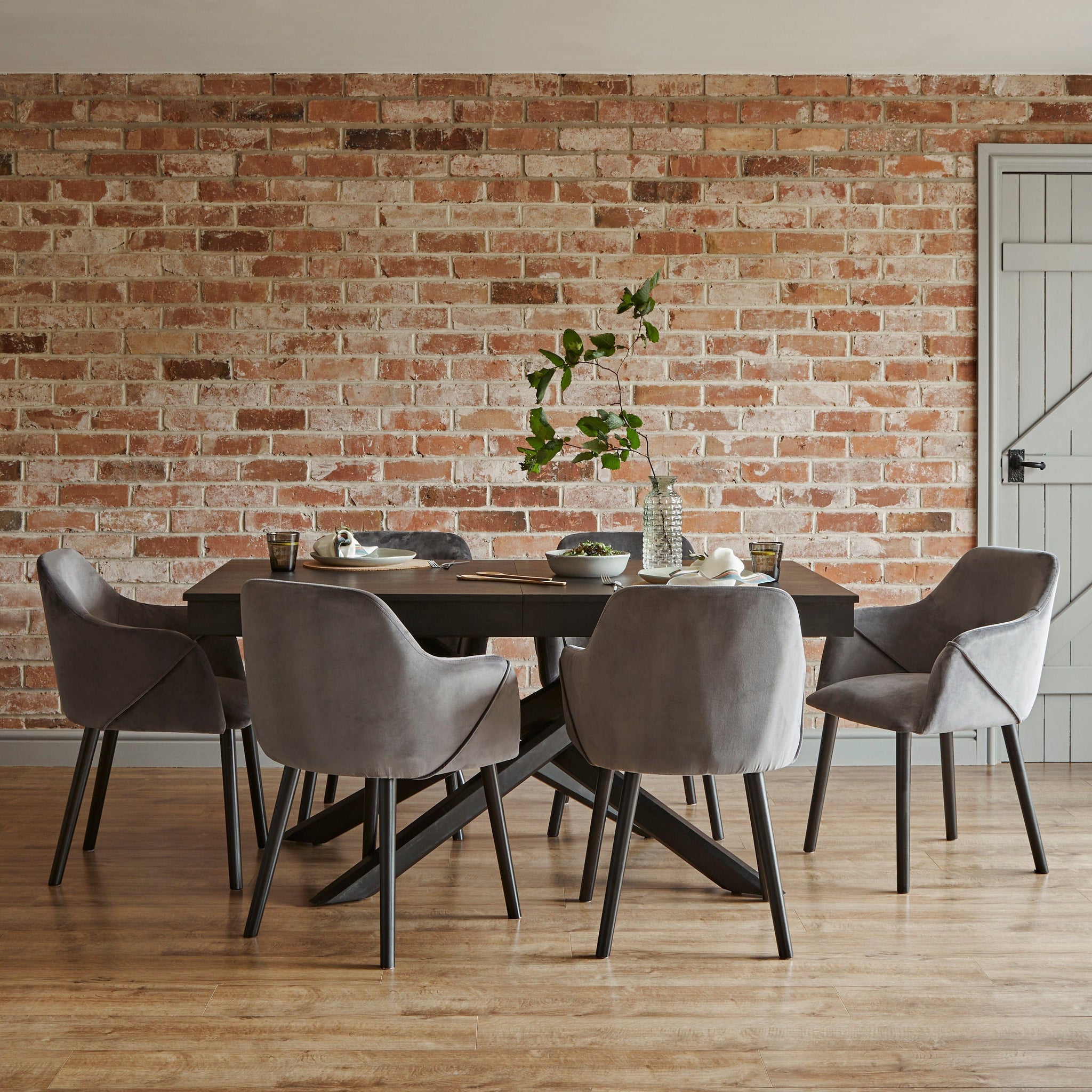 Amelia Black 6 Seater Dining Table Set & Freya Grey Carver Chairs ...