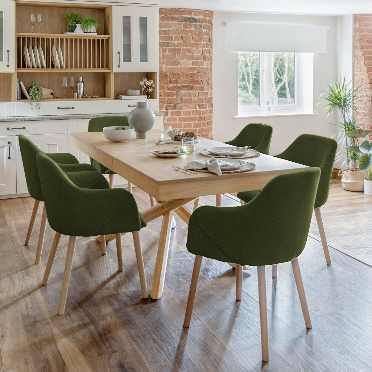 Amelia Whitewash Wooden Dining Table Set - 6 Freya Fern Green Armchairs ...