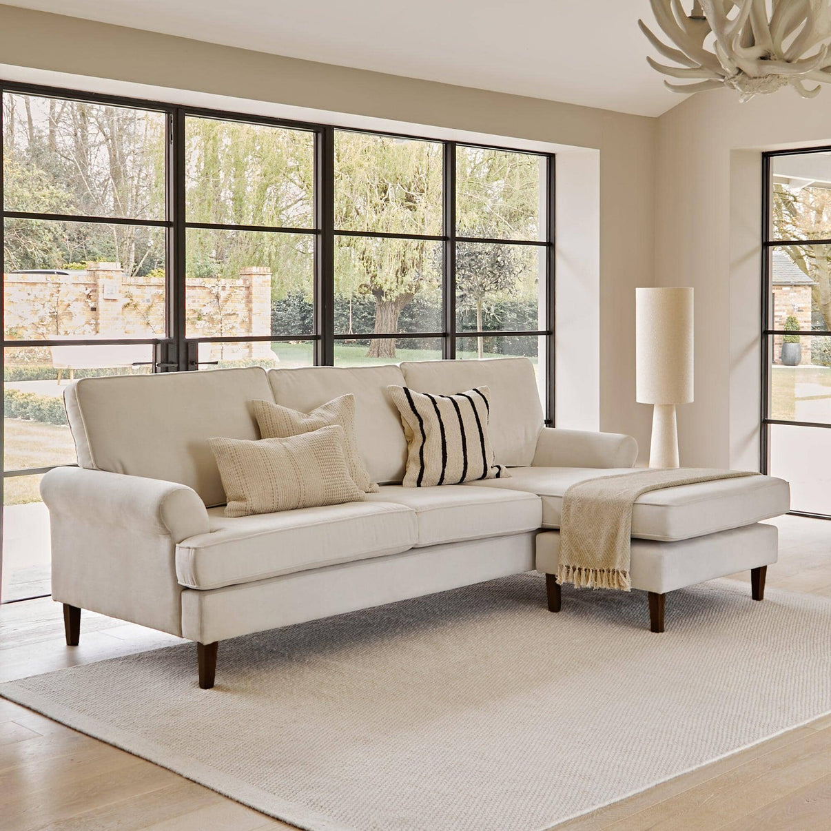 Annabelle Ivory Corner Sofa with Chaise & Dark Oak Legs - Laura James