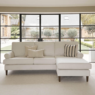 Annabelle Ivory Corner Sofa with Chaise & Dark Oak Legs - Laura James