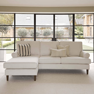 Annabelle Ivory Corner Sofa with Chaise & Dark Oak Legs - Laura James