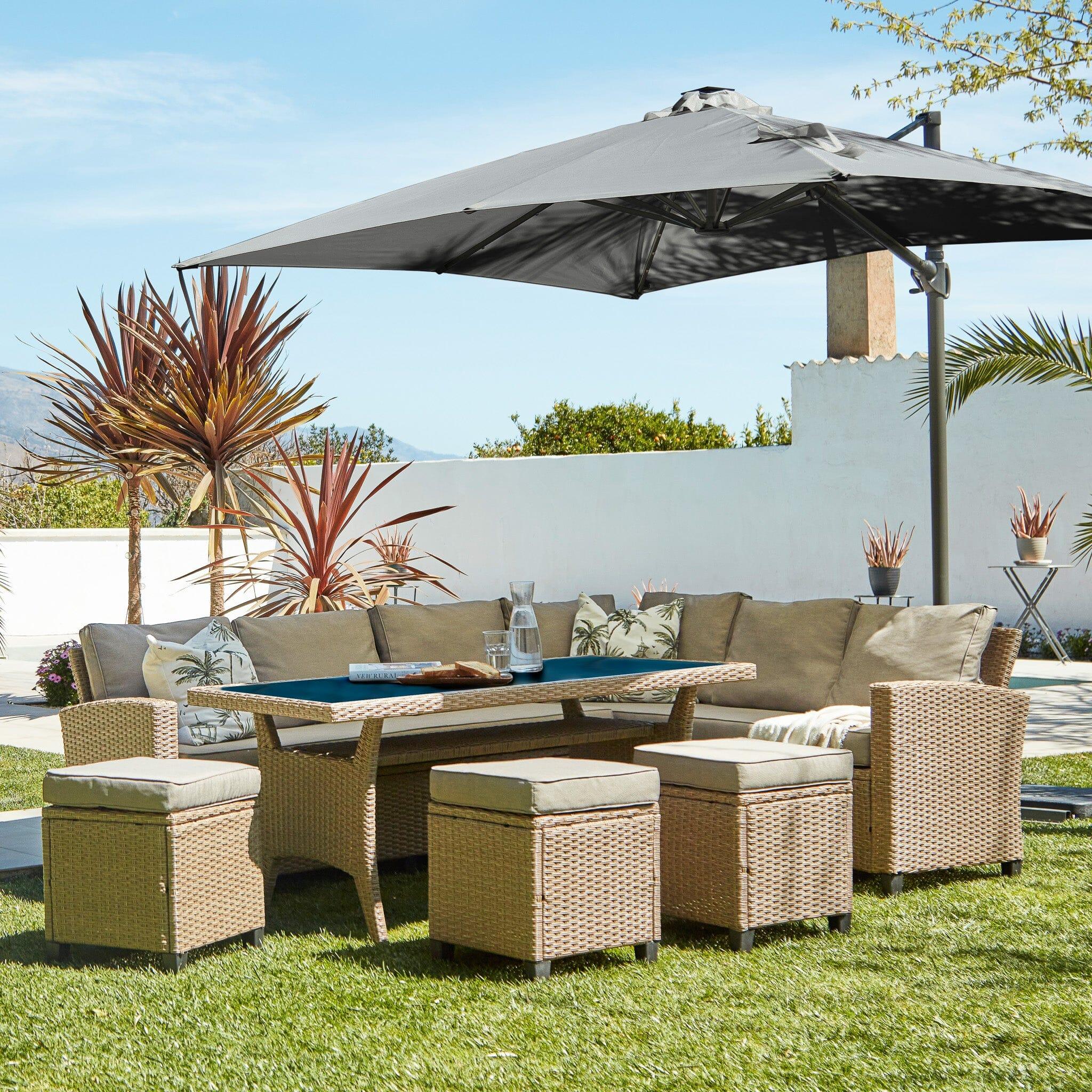 Aston Natural Brown Garden Corner Sofa with Grey Parasol - Laura James