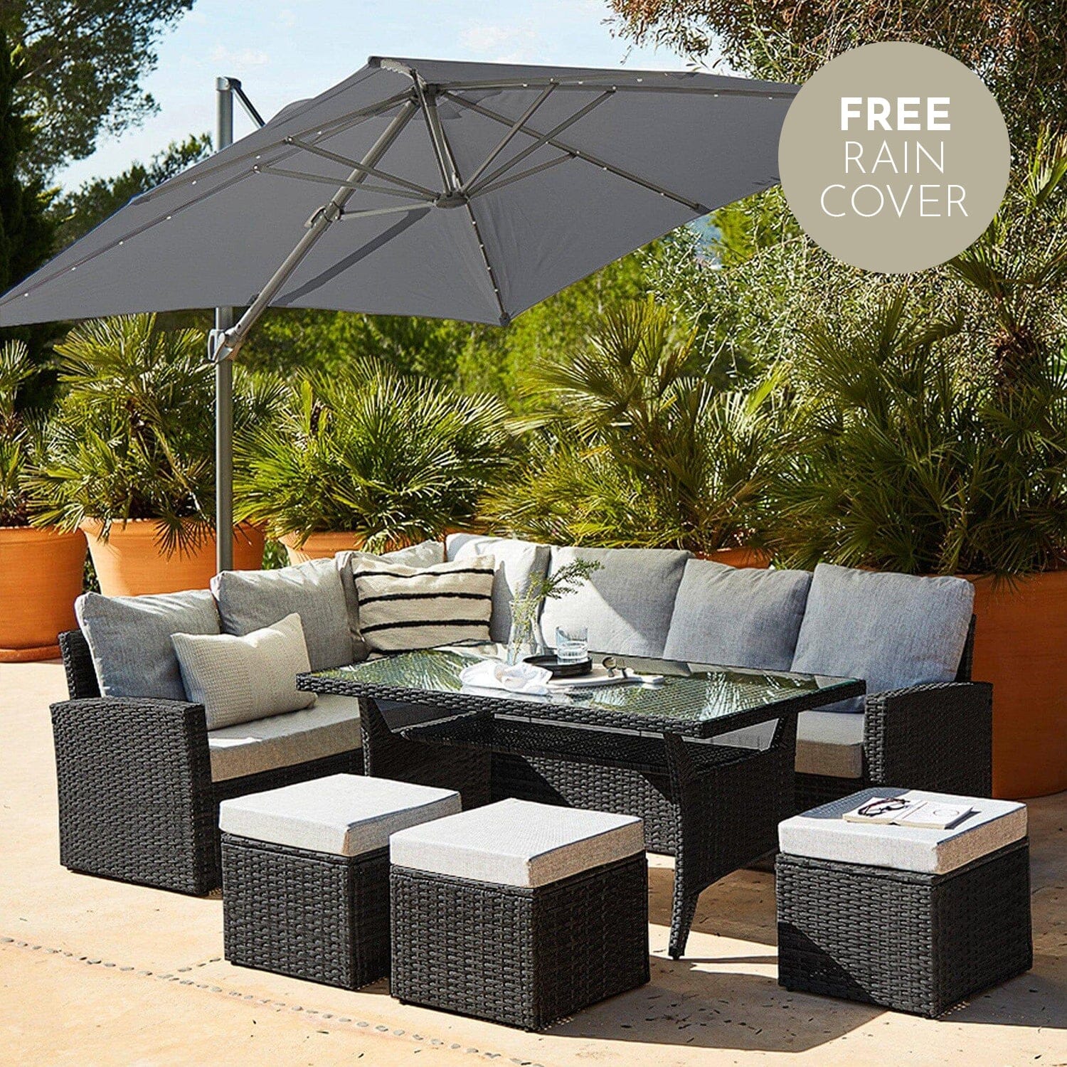 Aston Black Outdoor Corner Sofa Set - Grey Parasol - Laura James