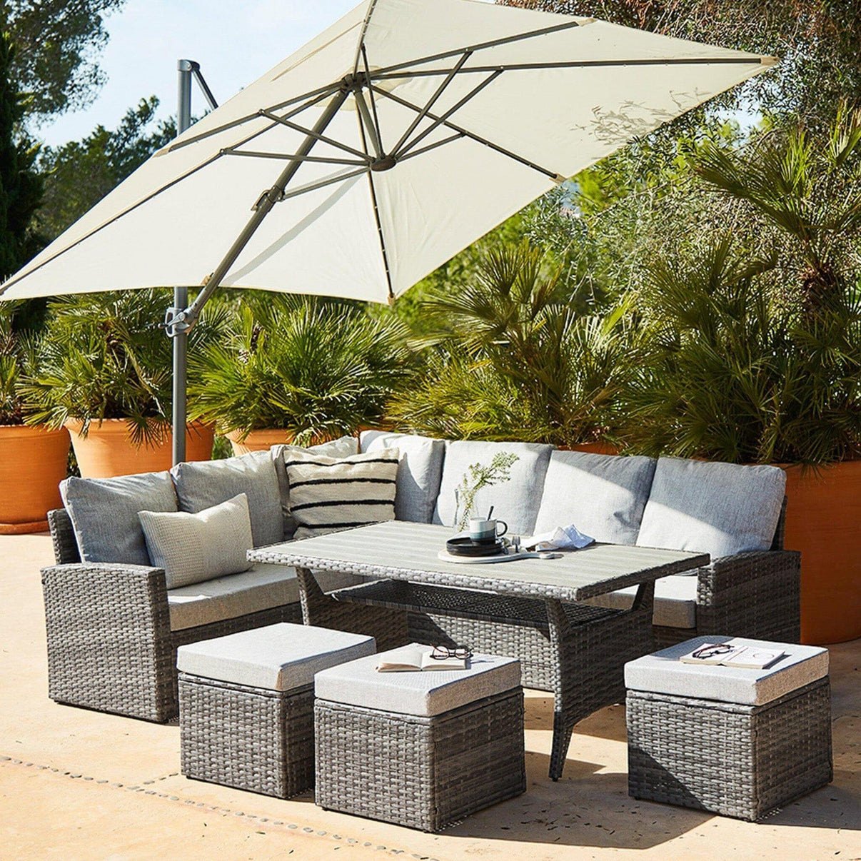 Aston Rattan Grey Corner Sofa - Cream LED Parasol - Laura James