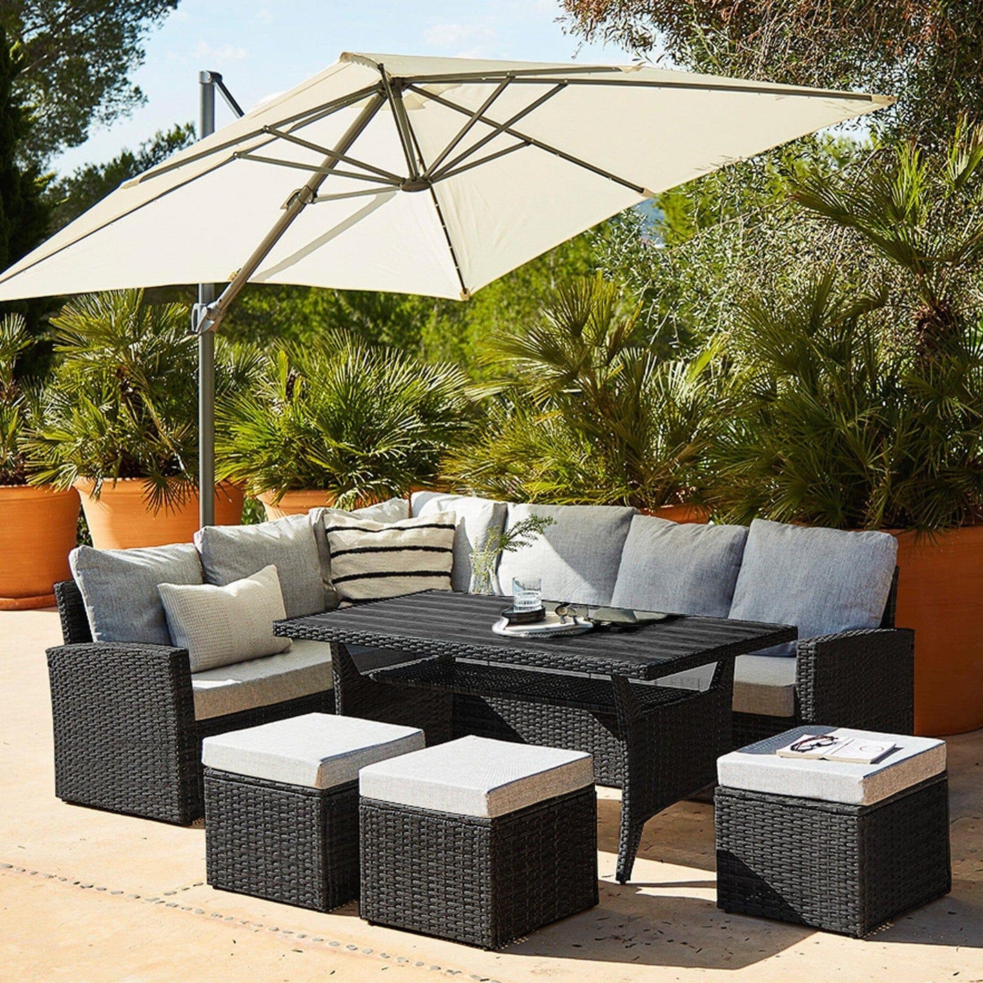 Aston 9 Seater Rattan Garden Corner Sofa Set with with Cream LED Premi ...
