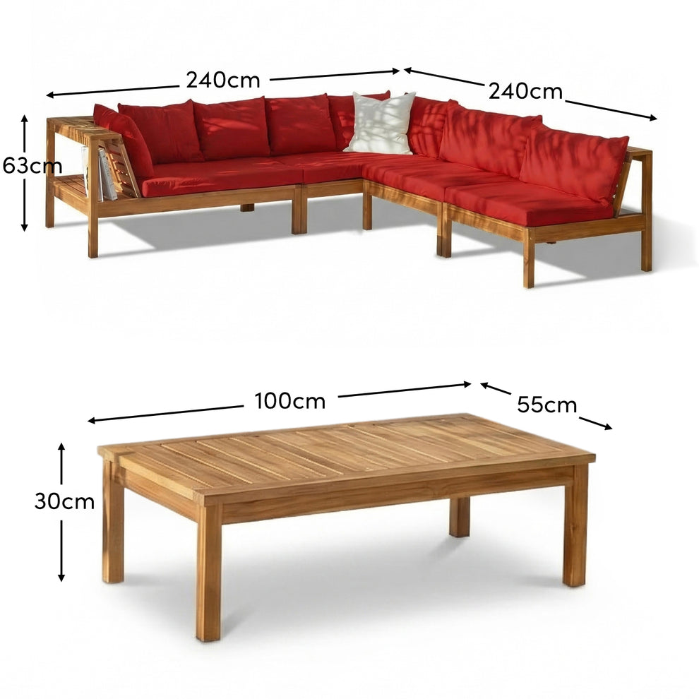 Dakota 6 Seater Wooden Corner Sofa Set - Natural Acacia with Red Cushi ...